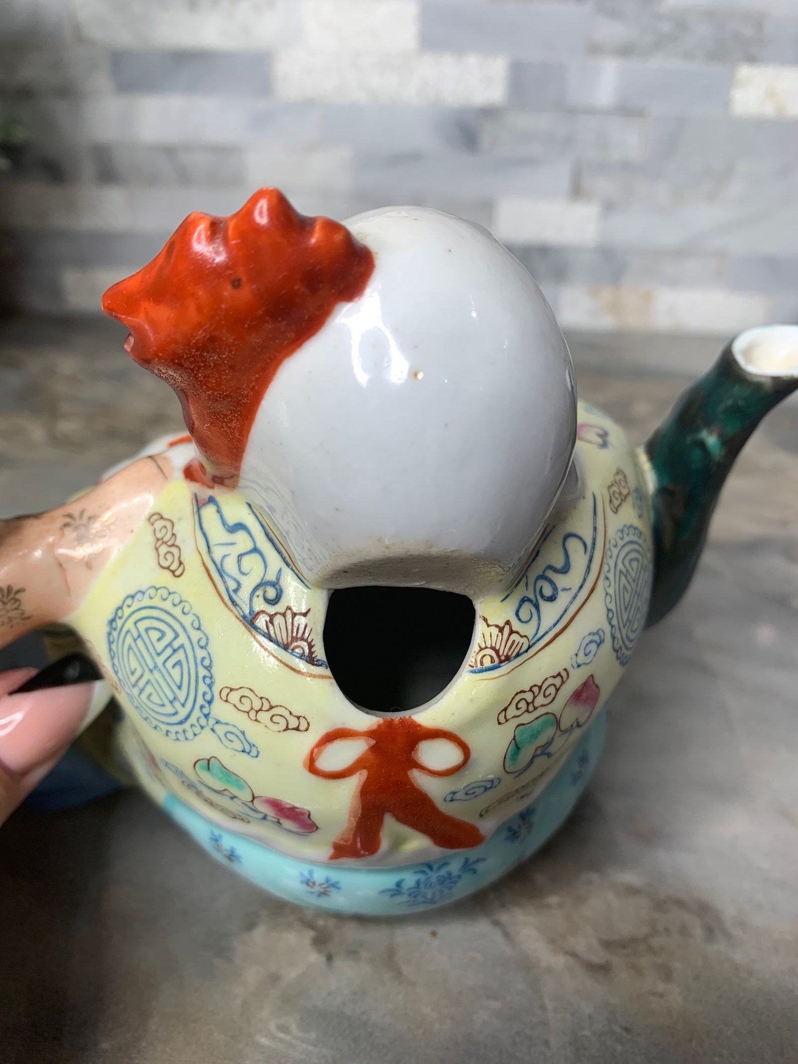 Vintage Chinese Buddha Teapot, Shou Lau Longevity God and Boy Porcelain ...