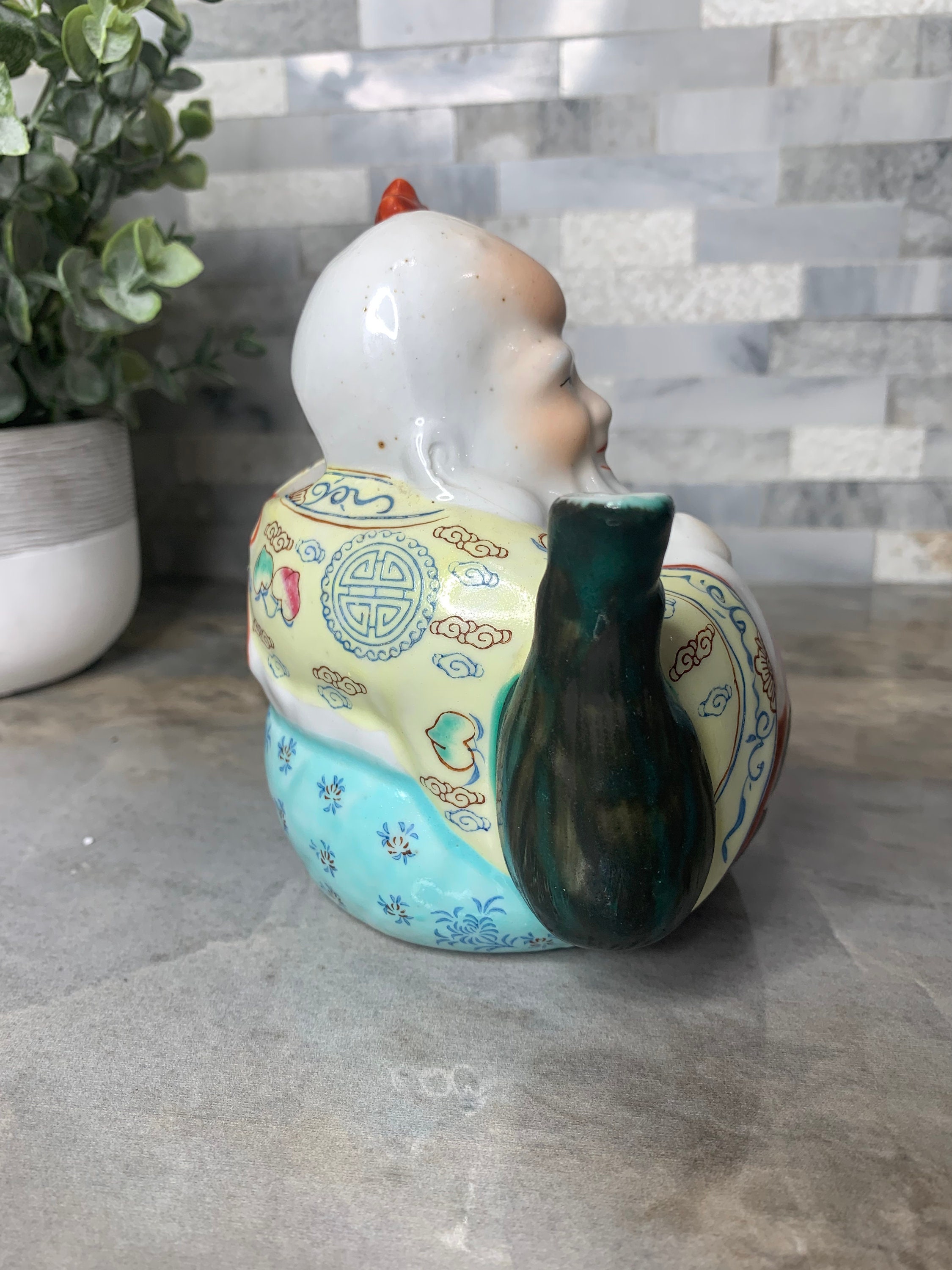 Vintage Chinese Buddha Teapot, Shou Lau Longevity God and Boy Porcelain ...