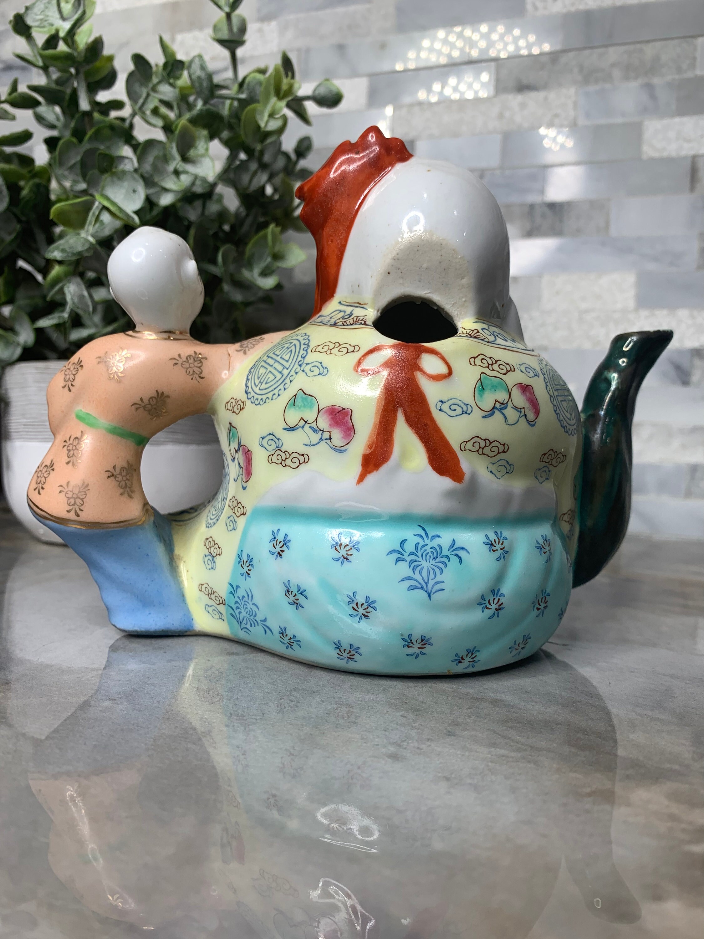 Vintage Chinese Buddha Teapot, Shou Lau Longevity God and Boy Porcelain ...