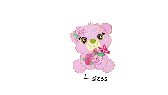 Pink Bear Rose Embroidery Design Animals Embroidery Design | Etsy