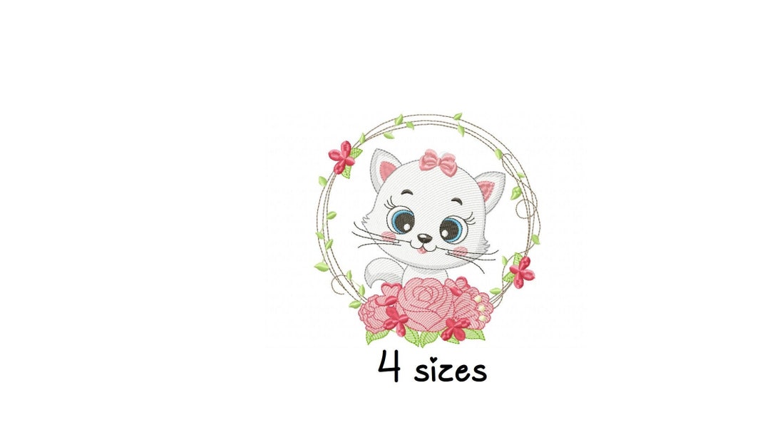 Cute Cat Flowers Embroidery Design, Animals Embroidery Design Machine ...