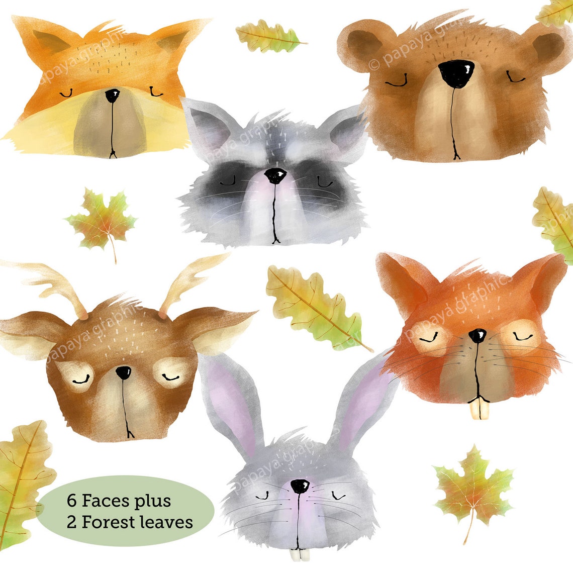 Woodland Animals Faces Clipart Forest Clip Art Hand Painted | Etsy