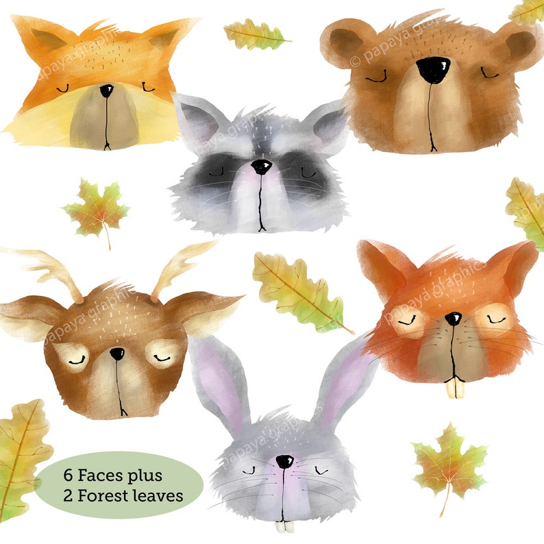 Woodland Animals Faces Clipart, Forest Clip Art, Hand Painted ...