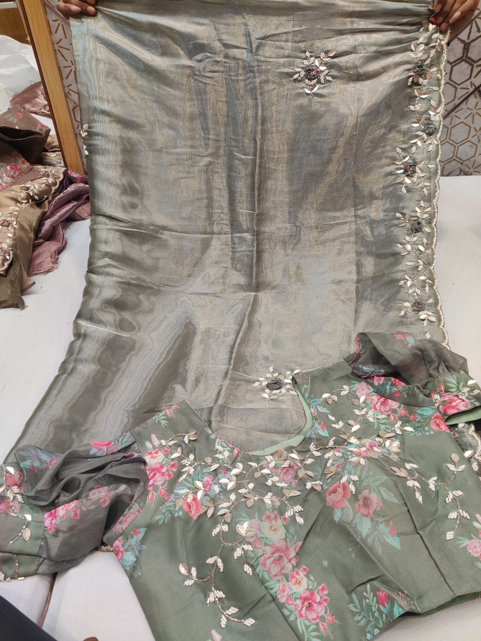 Women's Pure Jimmy Shoo Organza Silk Moti Cutwork Digital Print Flower ...