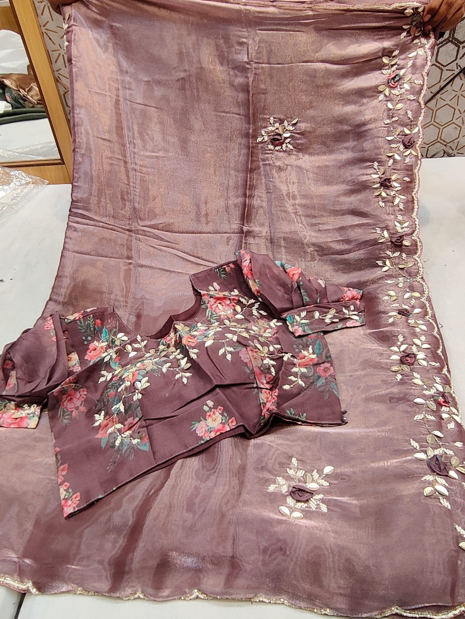 Women's Pure Jimmy Shoo Organza Silk Moti Cutwork Digital Print Flower ...