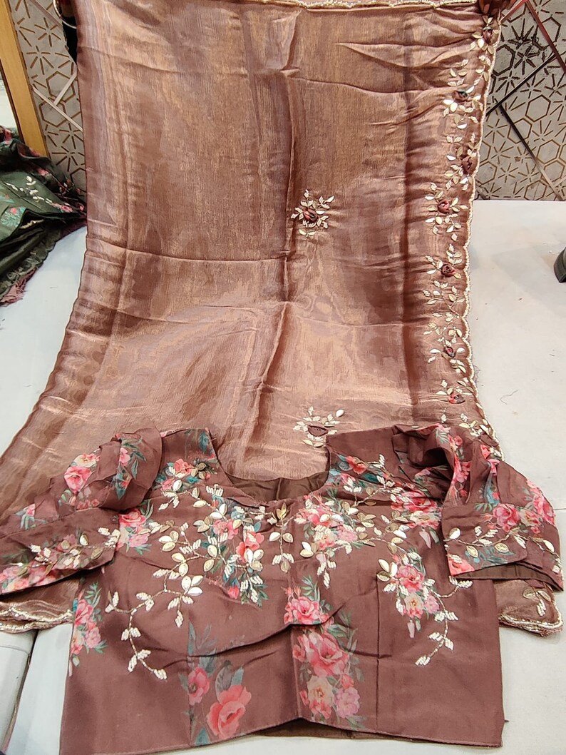 Women's Pure Jimmy Shoo Organza Silk Moti Cutwork Digital Print Flower ...