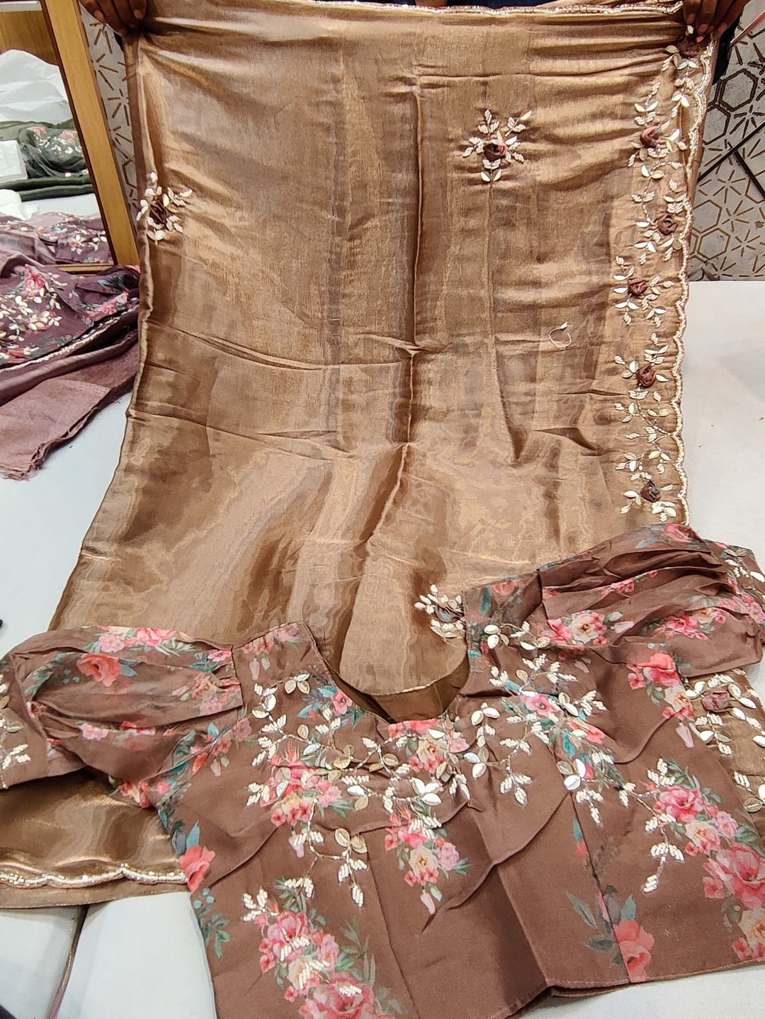 Women's Pure Jimmy Shoo Organza Silk Moti Cutwork Digital Print Flower ...