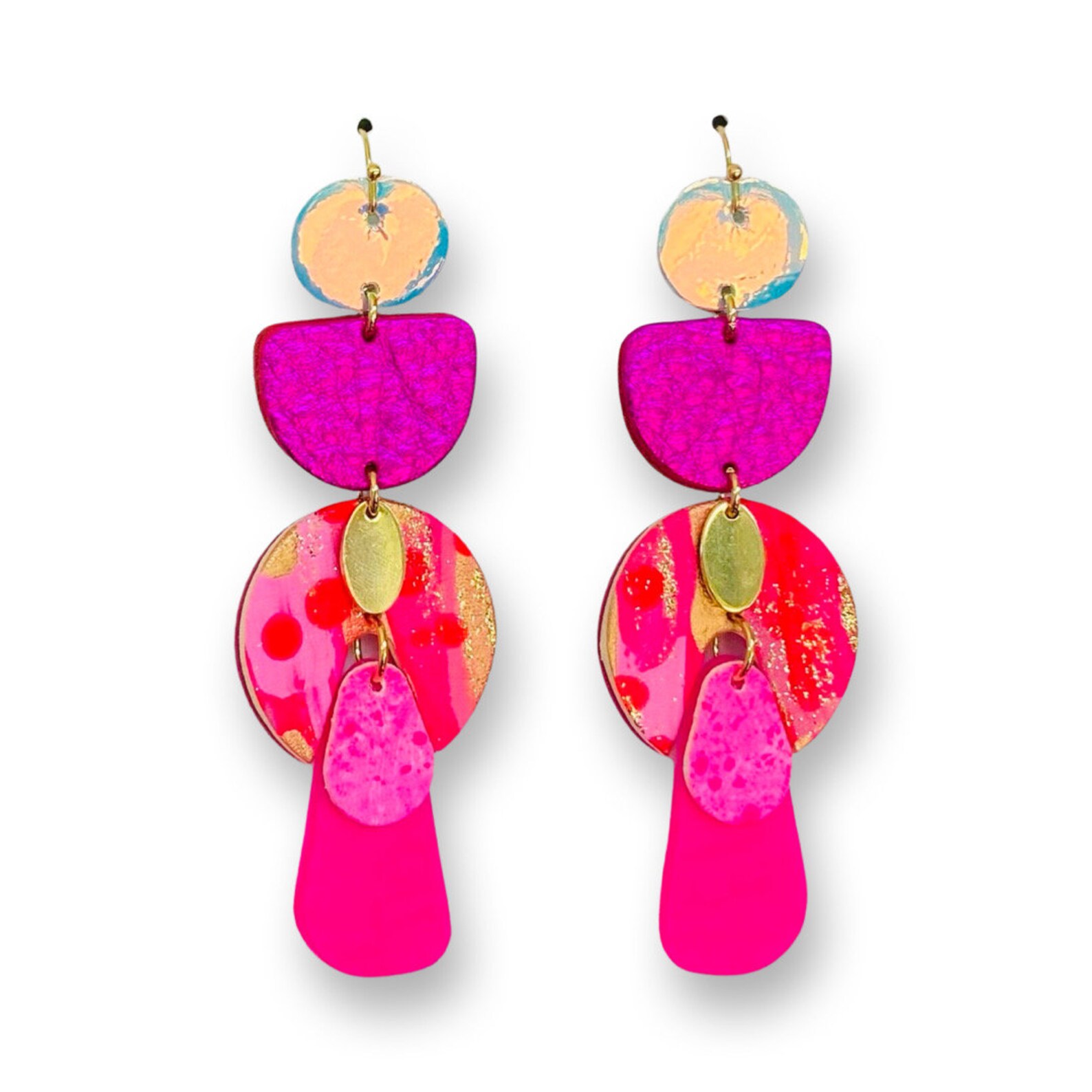 Handmade Pink Leather Statement Earrings: Gold Tone, Lightweight - Etsy