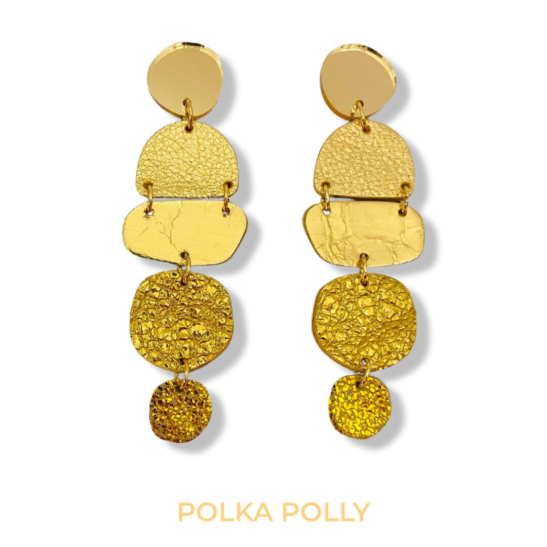 UPALA GOLDEN SUN Gold Metallic Leather Dangle Earrings. Elegant Large ...