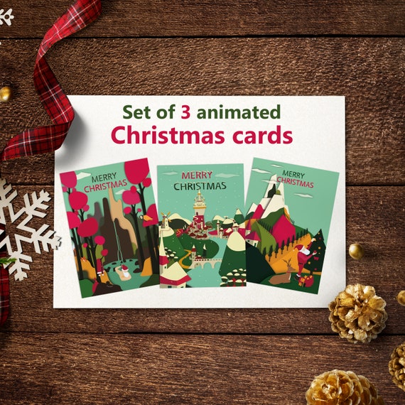 Set of 3 Merry Christmas Cards Stunning animated Christmas | Etsy