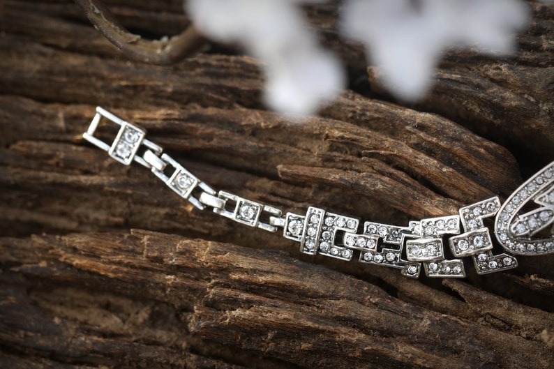 Bracelet Fine Art Deco Chain Silver Geometric Floral Crystal - Etsy