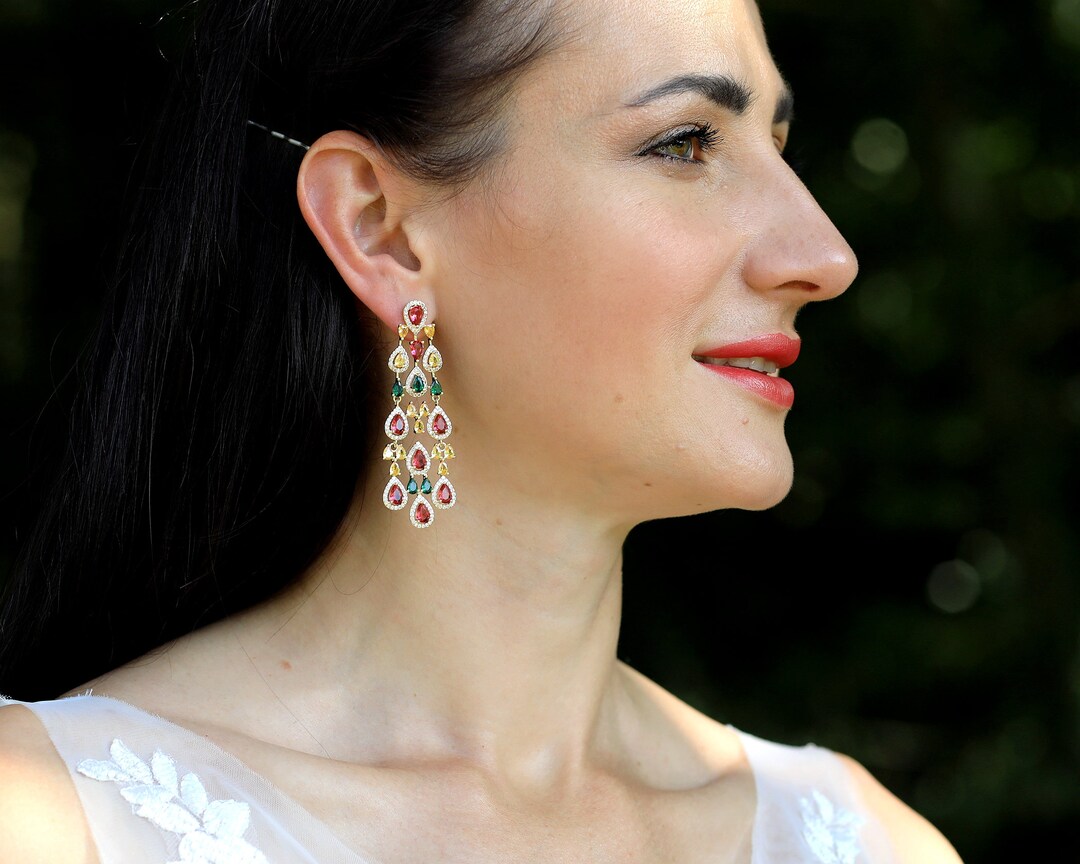 Belle Epoque Stud Earrings CZ Crystal Multicolor Green Red Yellow Drop ...