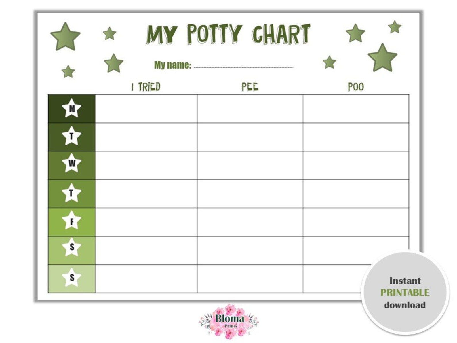 Green Potty Chart PRINTABLE Download Potty Training Toilet Training ...