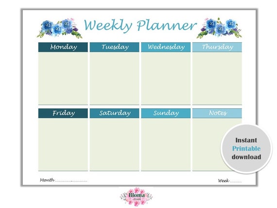 Blue Weekly Planner PRINTABLE Floral Weekly Planner Digital | Etsy