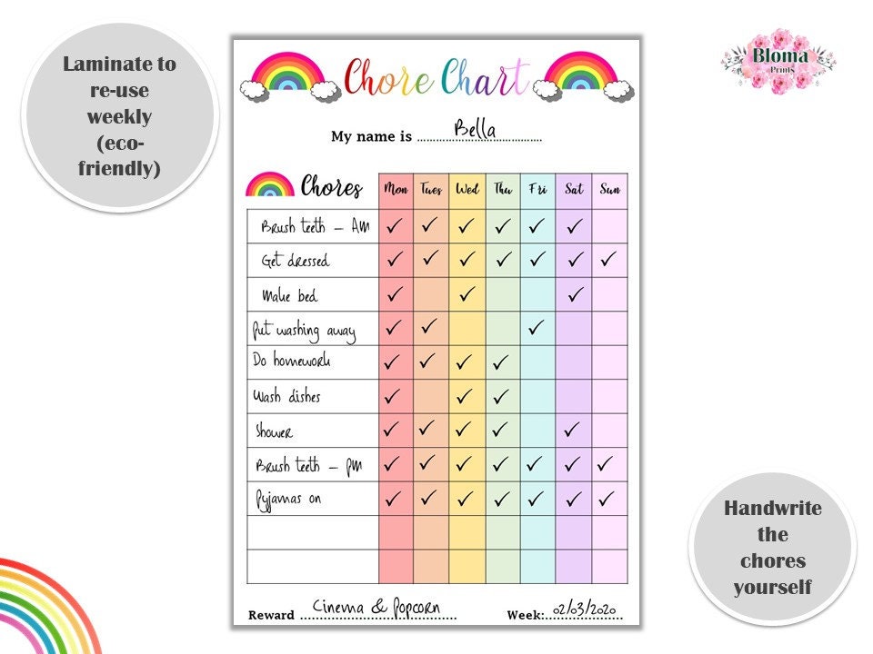 Chore Chart Rainbow PRINTABLE children/kids Reward Chart Download ...