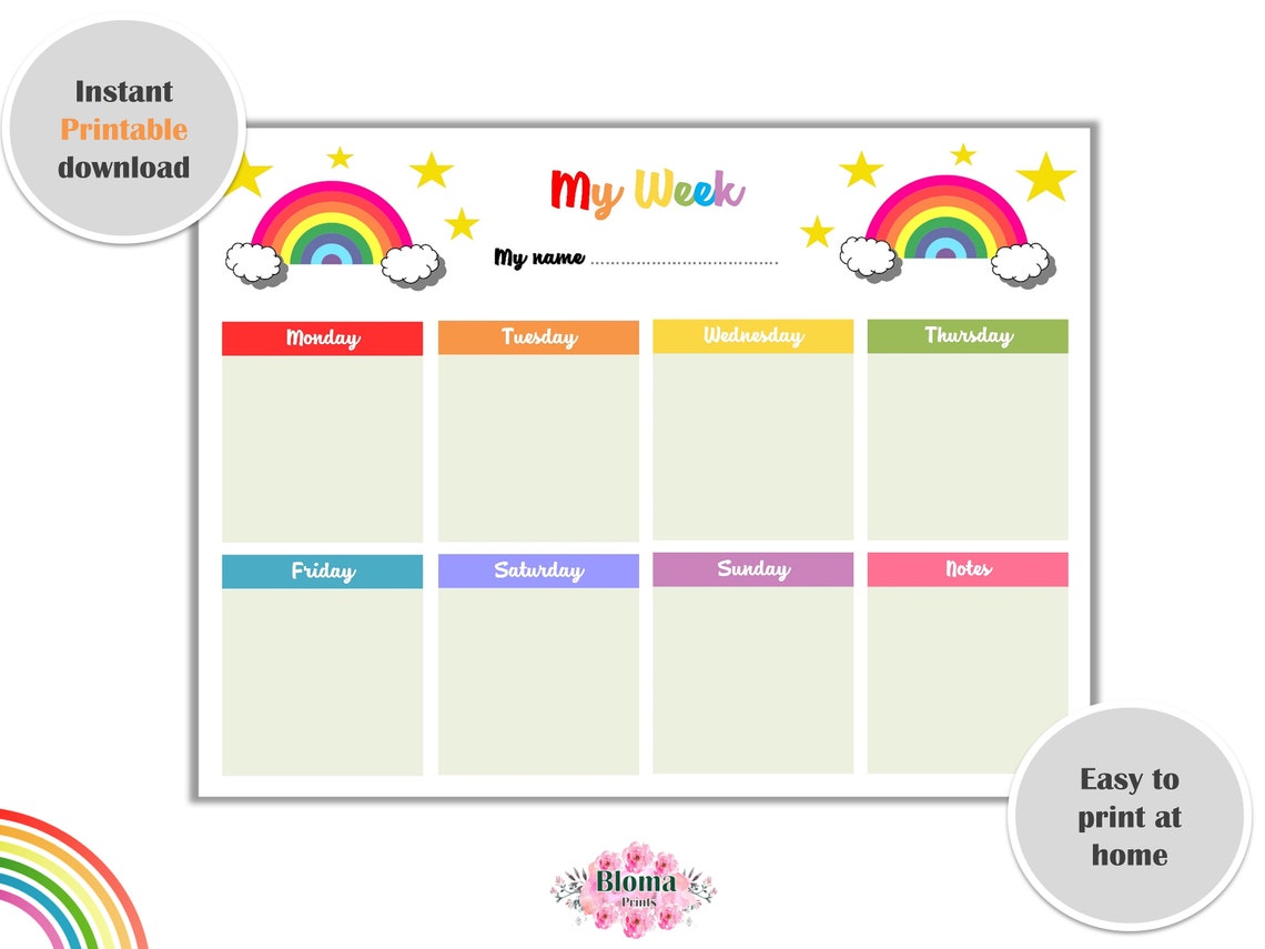 Weekly Chart Rainbow PRINTABLE Children/kids Weekly Schedule Download ...