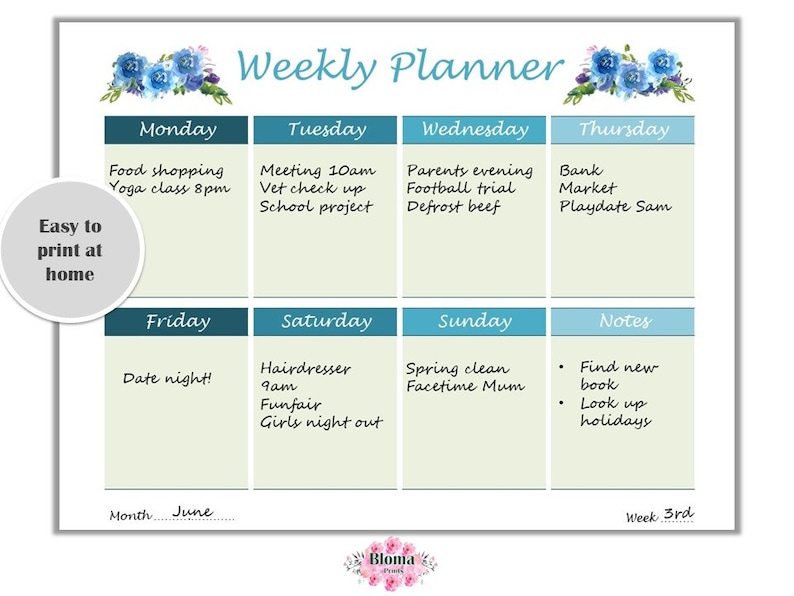 Blue Weekly Planner PRINTABLE Floral Weekly Planner Digital Life ...