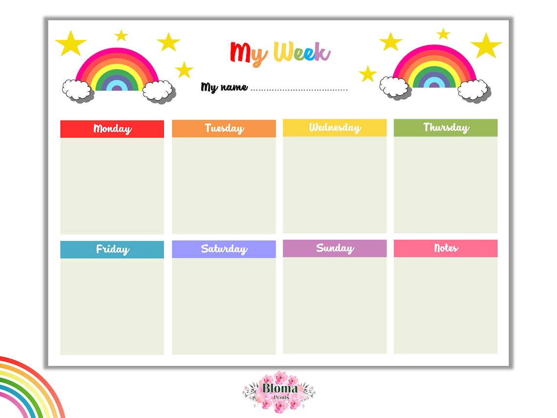 Weekly Chart Rainbow PRINTABLE Children/kids Weekly Schedule Download ...