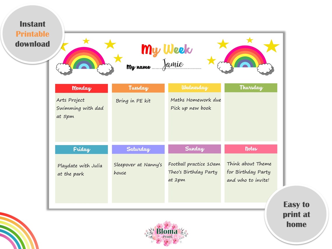 Weekly Chart Rainbow PRINTABLE Children/kids Weekly Schedule Download ...