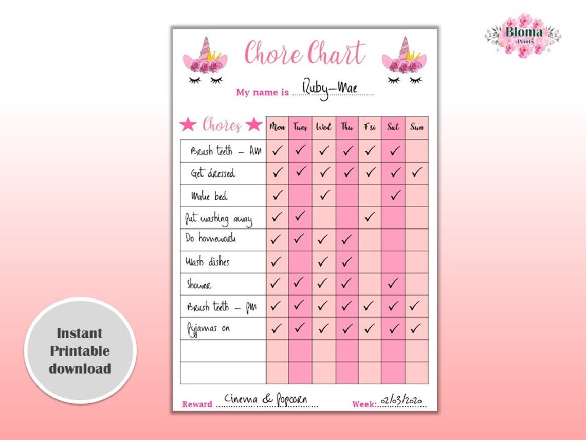 Chore Chart Unicorn PRINTABLE Children/kids Reward Chart Download ...
