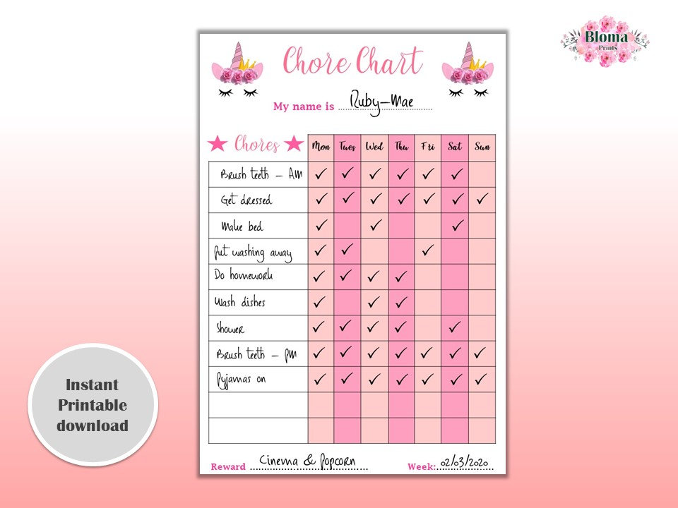 Chore Chart Unicorn PRINTABLE Children/kids Reward Chart Download ...