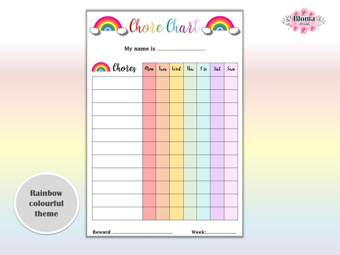 Chore Chart Rainbow PRINTABLE children/kids Reward Chart | Etsy