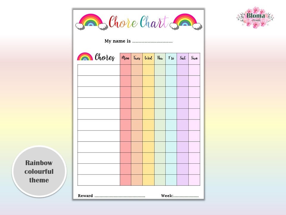 Chore Chart Rainbow PRINTABLE children/kids Reward Chart Download ...
