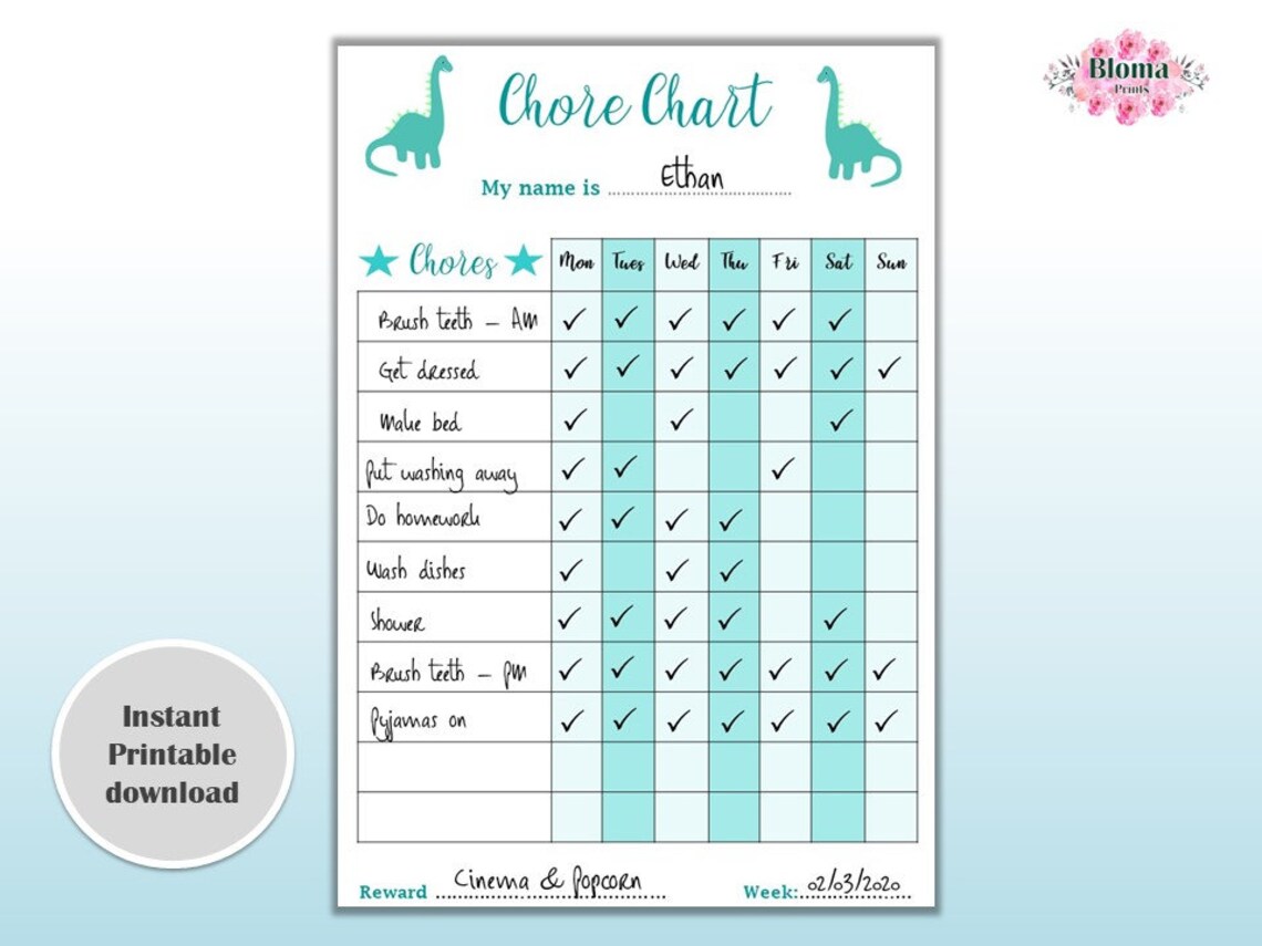 Chore Chart Dinosaur PRINTABLE Children/kids Reward Chart Download ...