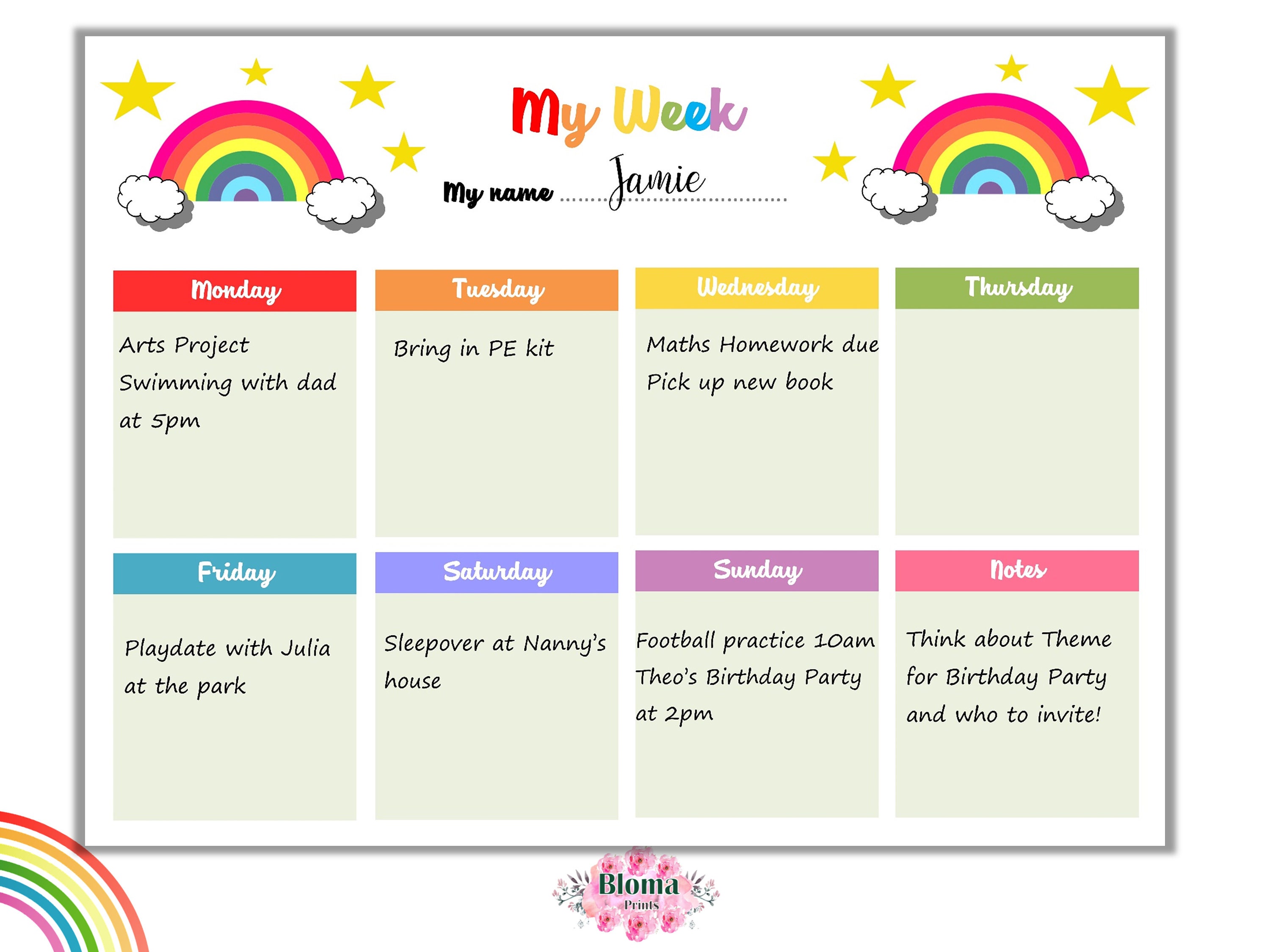 Weekly Chart Rainbow PRINTABLE Children/Kids weekly Schedule | Etsy