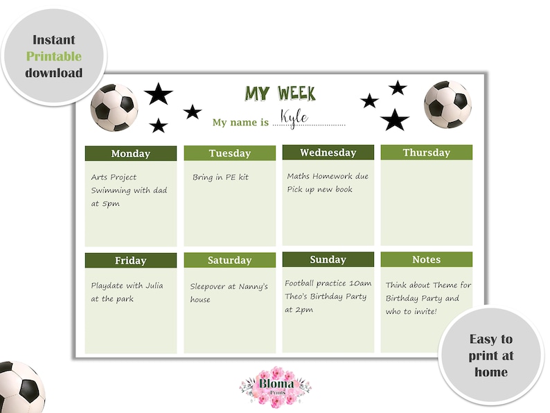 Weekly Chart Football PRINTABLE Children/kids Weekly Schedule Download ...