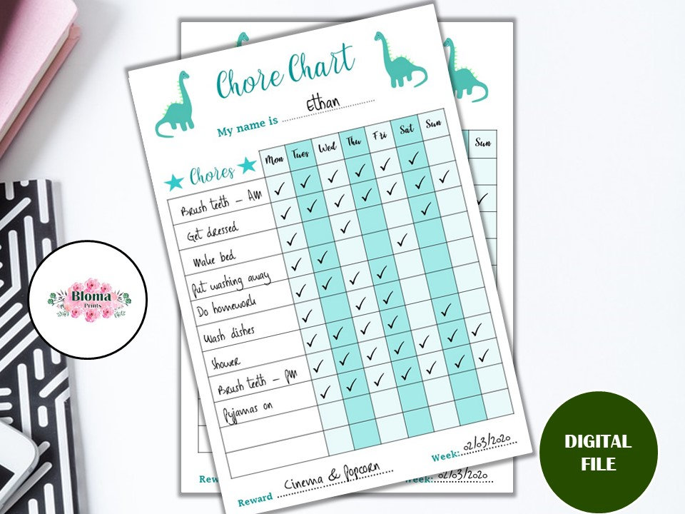 Chore Chart Dinosaur PRINTABLE Children/kids Reward Chart Download ...
