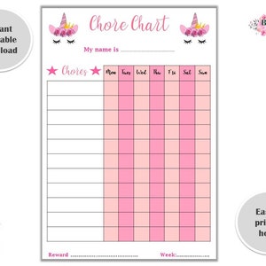 Chore Chart Unicorn PRINTABLE Children/kids Reward Chart | Etsy