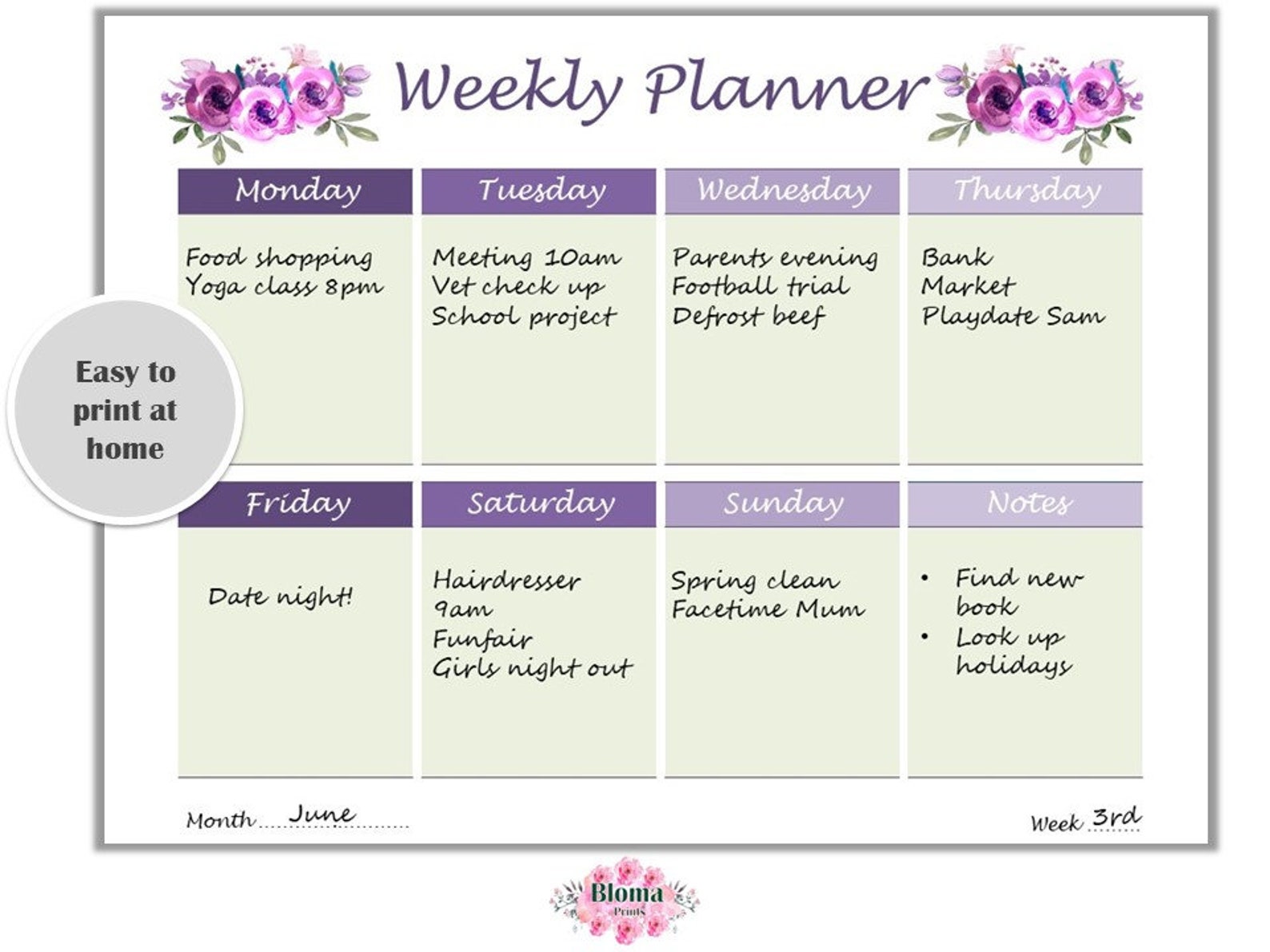 Purple Weekly Planner PRINTABLE Floral Weekly Planner Digital Life ...