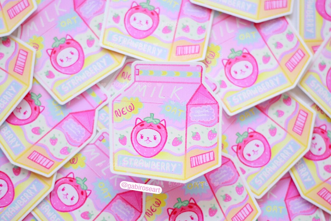 Strawberry Oat Milk Vinyl Sticker Cat Sticker Strawberry Milk Cute Cat ...