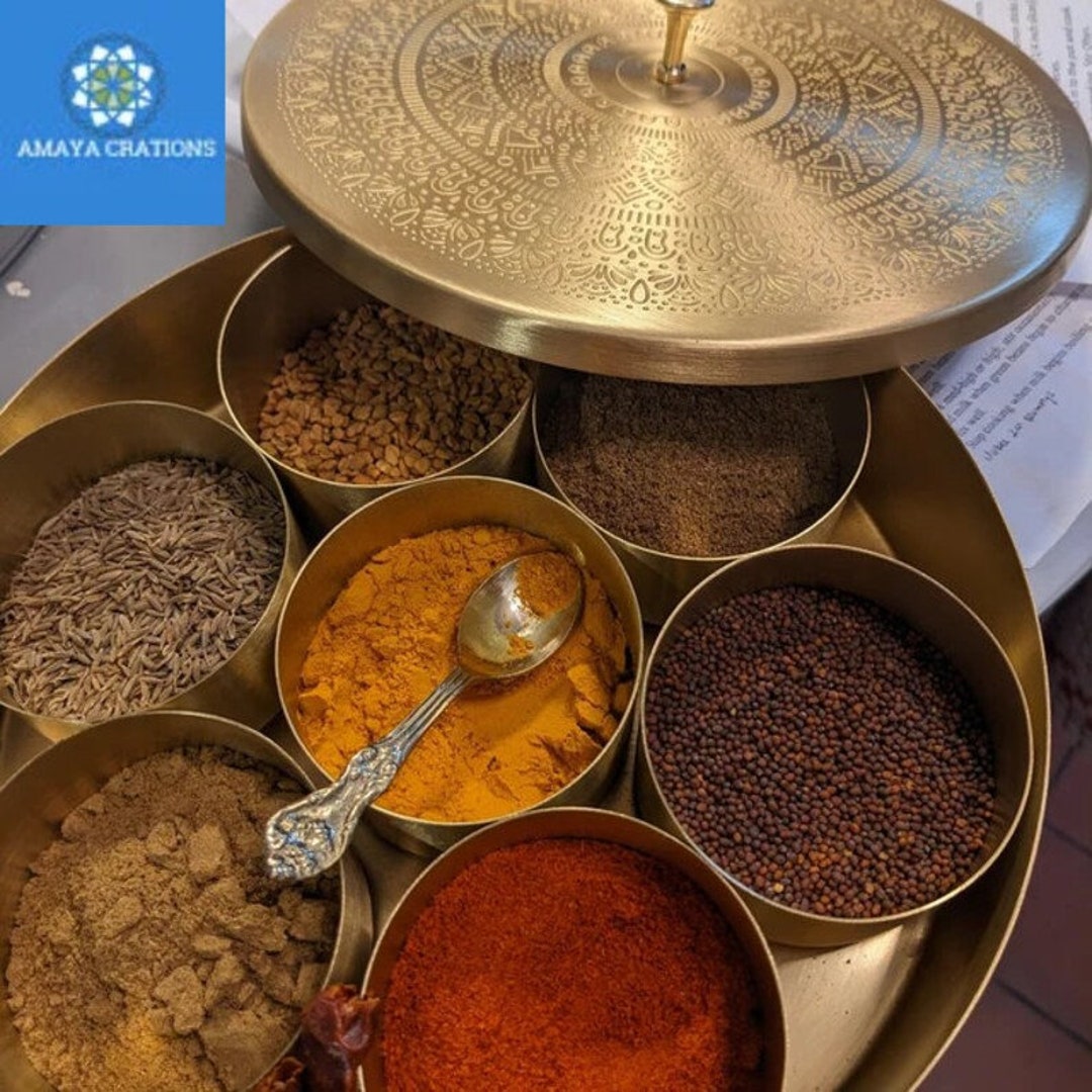 Handcrafted Brass Masala Spice Box: Indian Kitchen Storage With Spoon ...