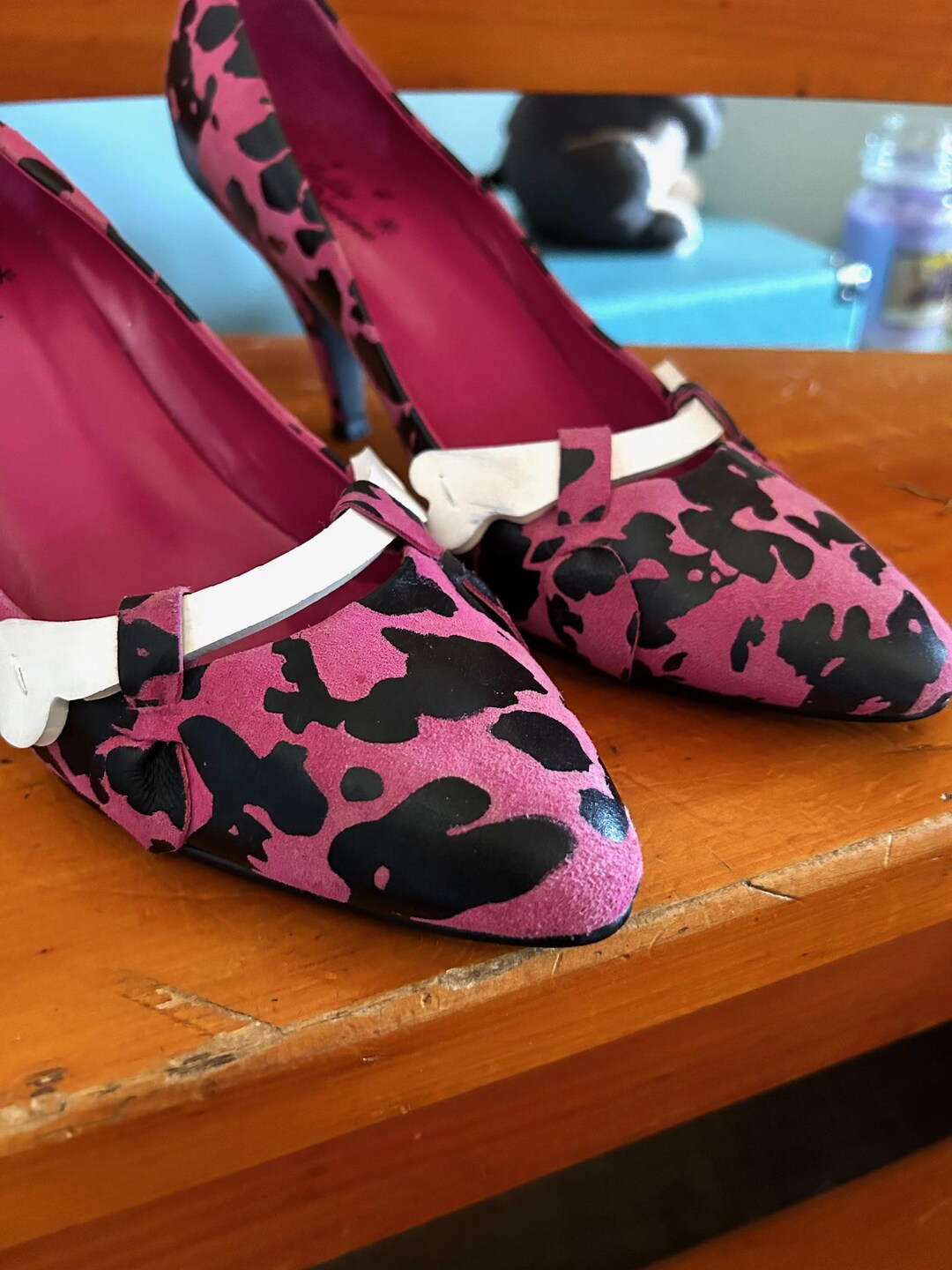 RARE Flintstones Style Bone Shoes Tatty Devine Suede Cow Print Pink ...