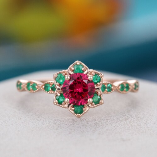 Ruby Engagement Ring Rose Gold Unique Flower Engagement Ring - Etsy