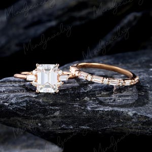 2ct Emerald Cut Moissanite Engagement Ring Set Unique Rose Gold Engagement Ring Vintage Baguette ...
