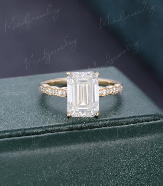 3ct Emerald Cut Moissanite Engagement Ring Unique Yellow Gold - Etsy
