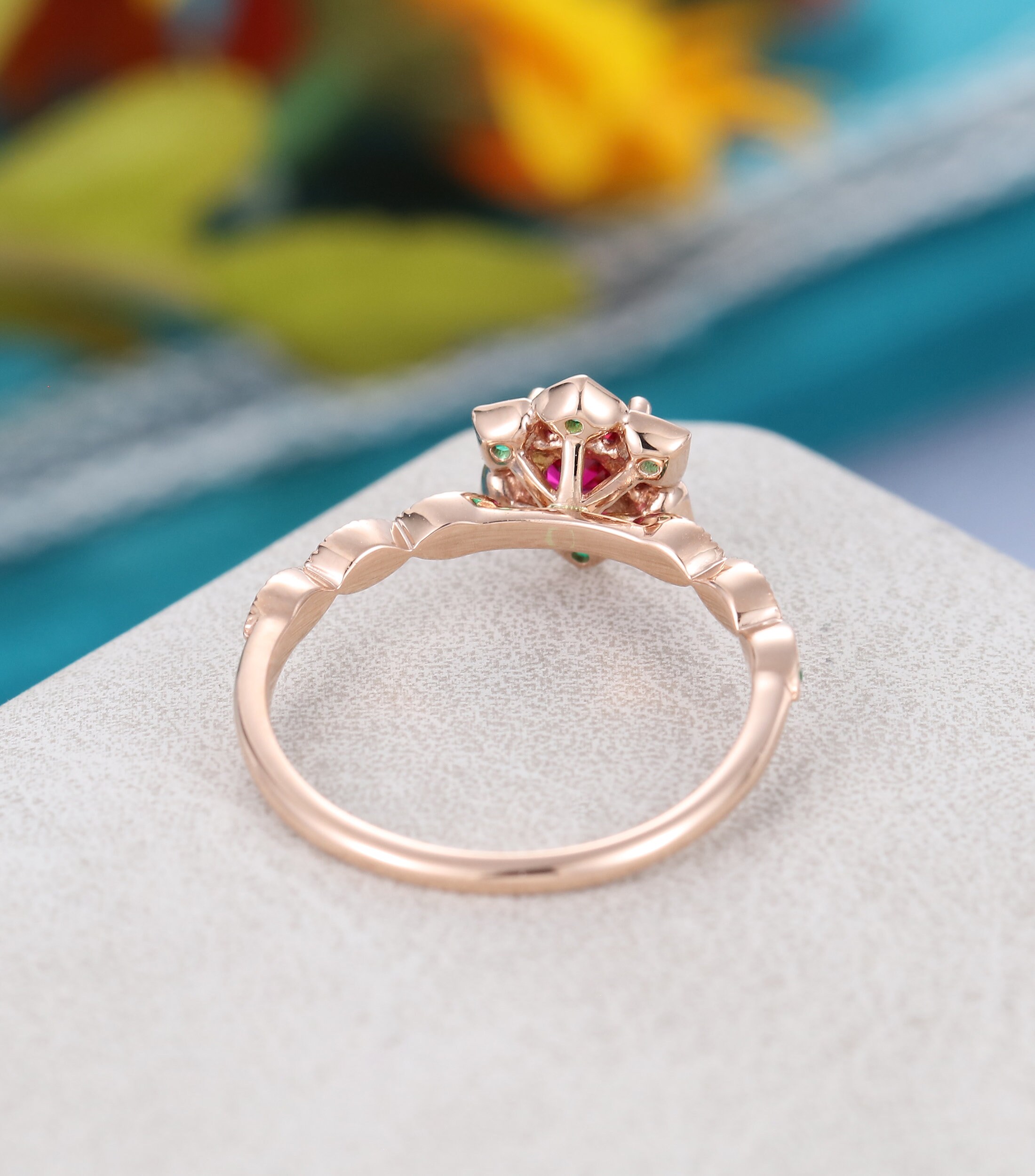 Ruby Engagement Ring Rose Gold Unique Flower Engagement Ring - Etsy