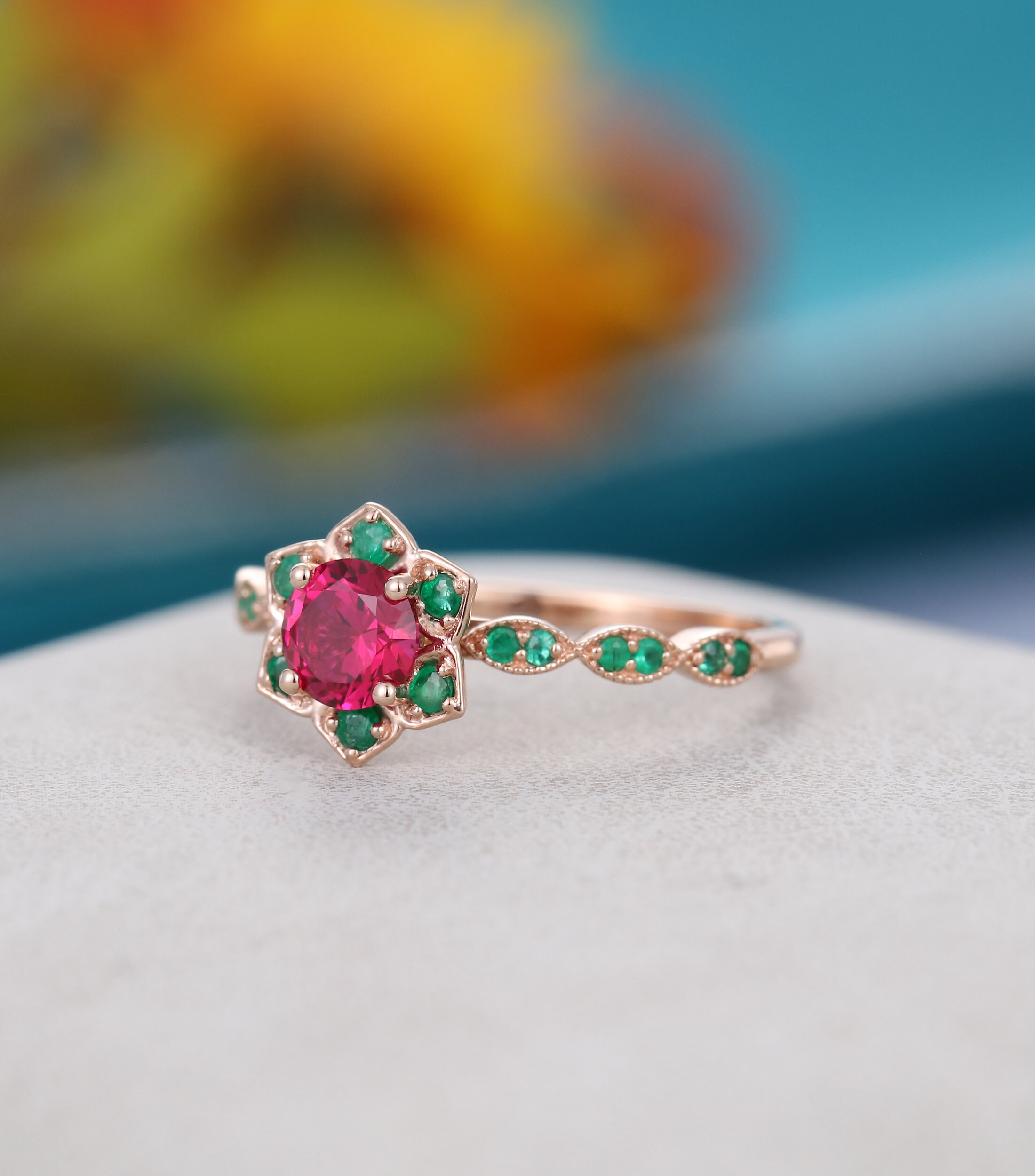 Ruby Engagement Ring Rose Gold Unique Flower Engagement Ring - Etsy