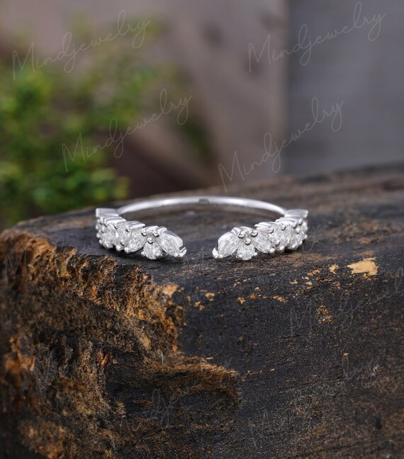 Moissanite wedding band vintage White gold Open wedding band women Half eternity Marquise Matching Unique Bridal Stacking Promise gift