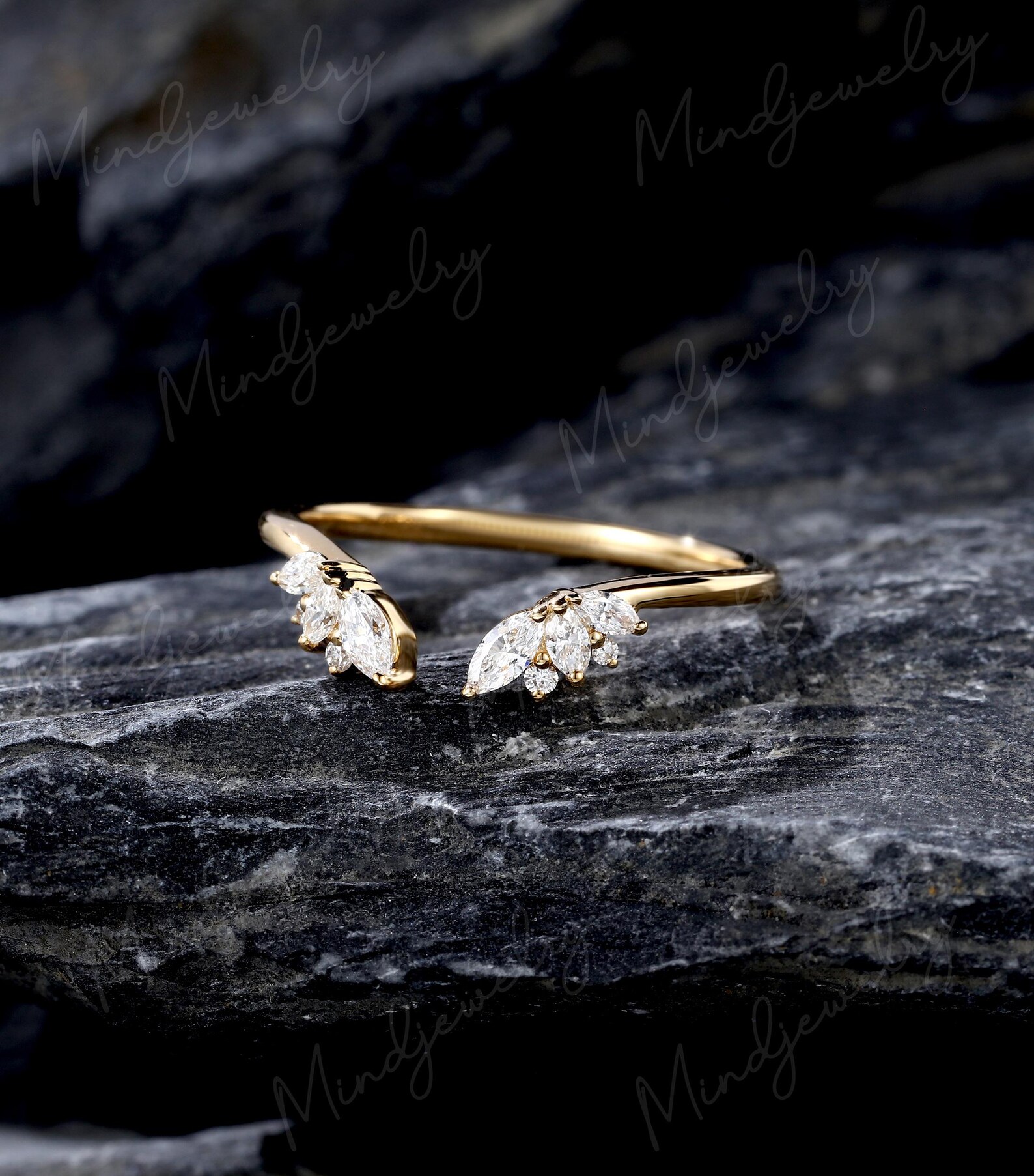 Yellow Gold Open Ring Vintage Unique Marquise Cut Moissanite Curved ...