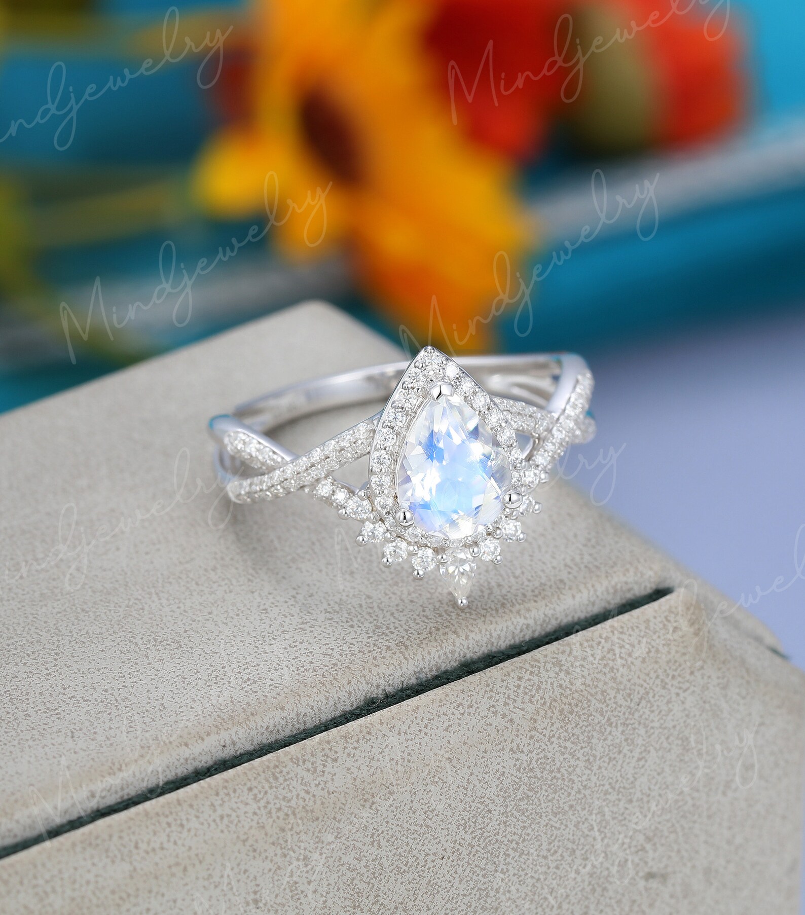 Pear Shaped Moonstone Engagement Ring Women White Gold | Etsy
