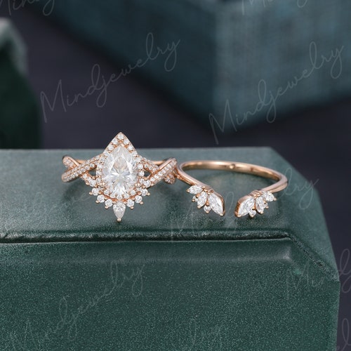 Cluster Moissanite Engagement Ring Set Vintage White Gold Pear - Etsy