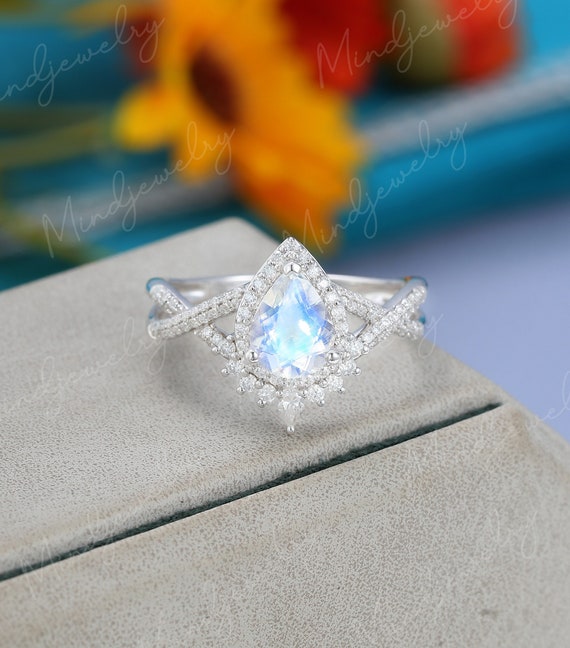 Pear Shaped Moonstone Engagement Ring Women White Gold | Etsy