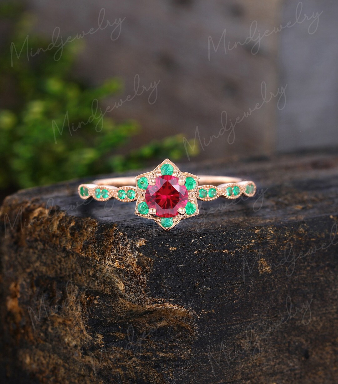 Ruby Engagement Ring Rose Gold Unique Flower Engagement Ring Emerald ...