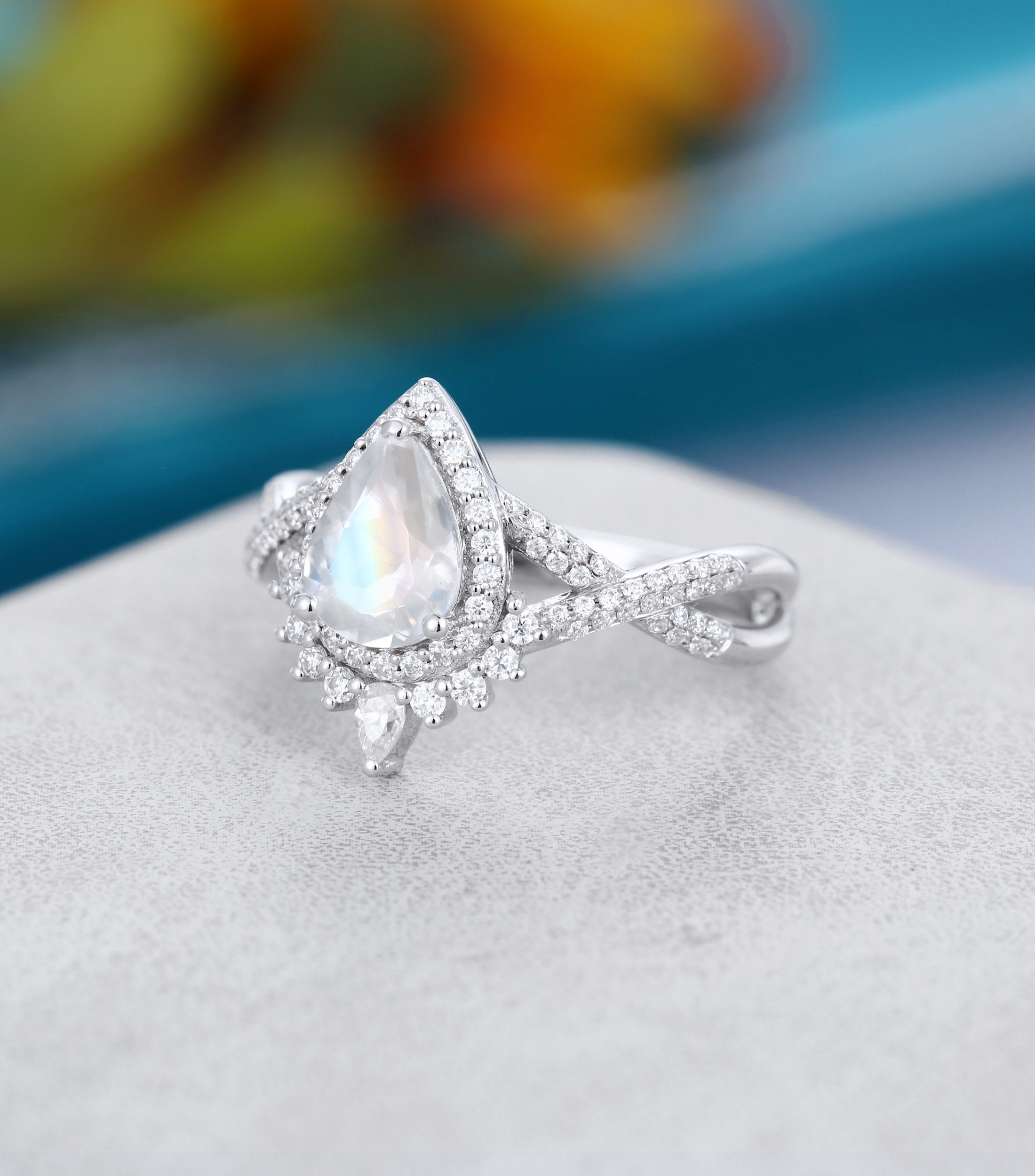 Pear shaped Moonstone engagement ring women white gold | Etsy