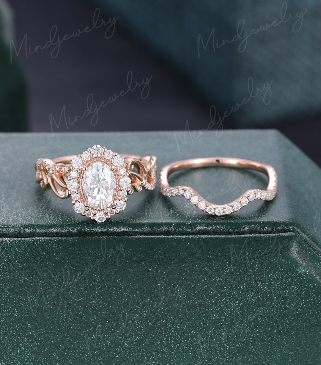 Oval Cut Moissanite Engagement Ring Set Rose Gold Non Traditional Halo ...
