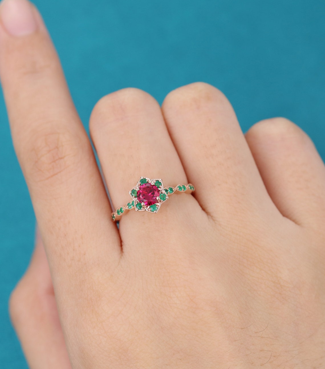 Ruby Engagement Ring Rose Gold Unique Flower Engagement Ring - Etsy